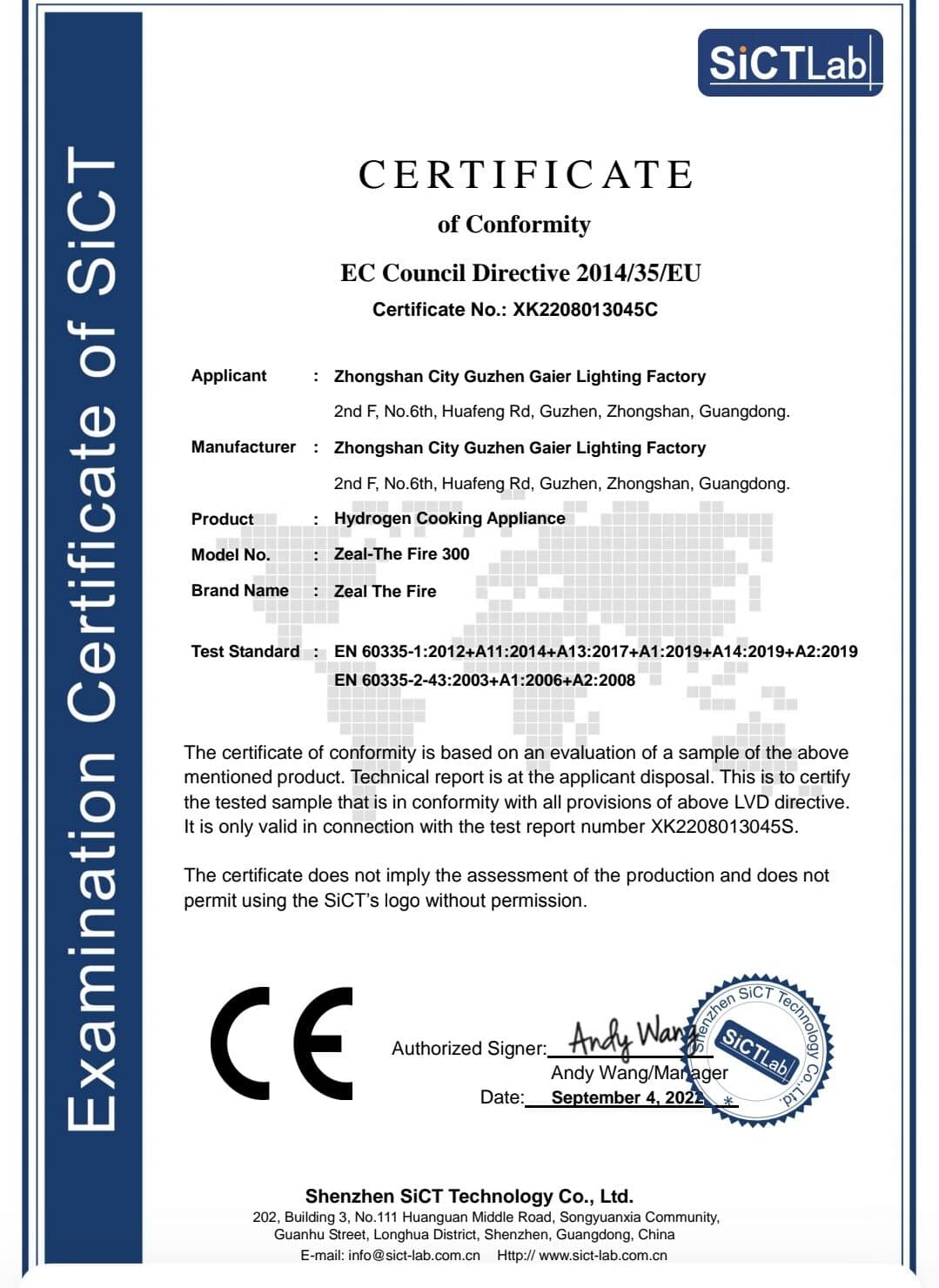 CE Certificate for Hydrogen cooking appliance